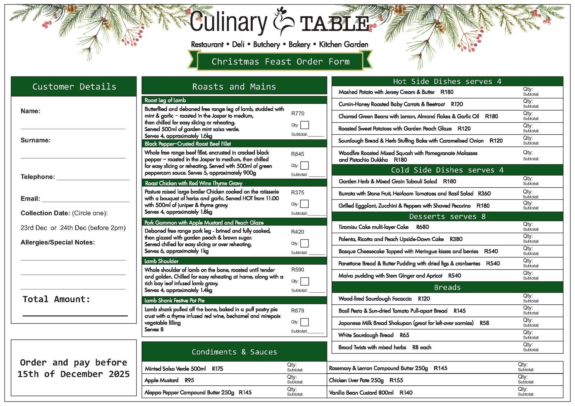 Christmas Menu 2025 | Culinary Table Restaurant & Market